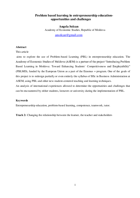 (PDF) Problem based learning in entrepreneurship education-opportunities and challenges