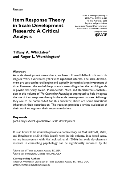 (PDF) Item Response Theory in Scale Development Research