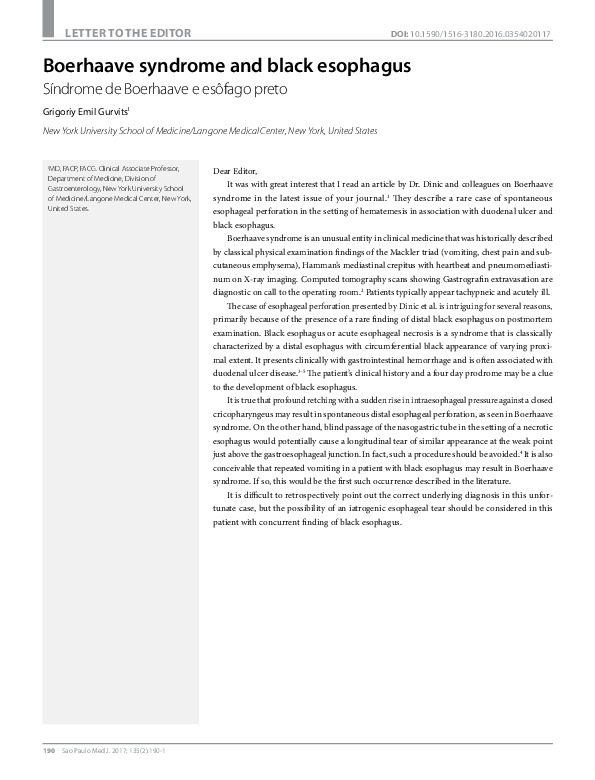 (PDF) Boerhaave syndrome and black esophagus