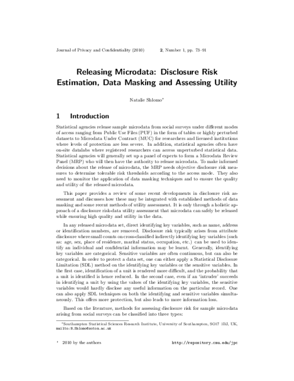 (PDF) Releasing Microdata: Disclosure Risk Estimation, Data Masking and ...