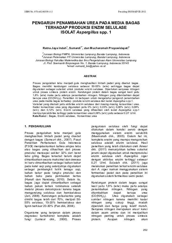 (PDF) PENGARUH PENAMBAHAN UREA PADA MEDIA BAGAS TERHADAP PRODUKSI ENZIM SELULASE ISOLAT ...