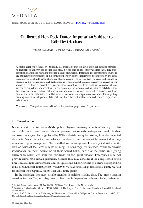 (PDF) Calibrated Hot-Deck Donor Imputation Subject to Edit Restrictions | Natalie Shlomo ...