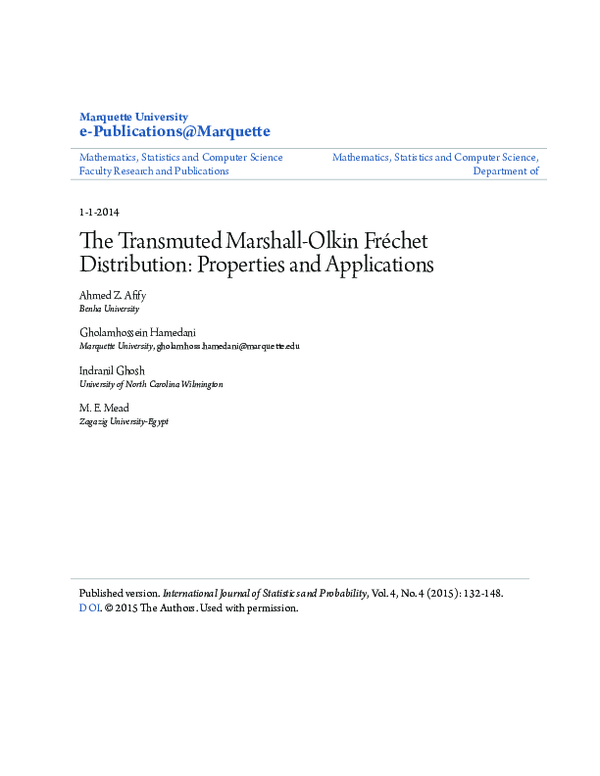 (PDF) The Transmuted Marshall-Olkin Fr\'{e}chet Distribution: Properties and Applications