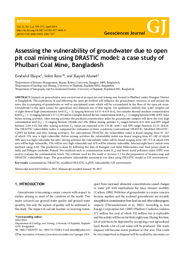 (PDF) Assessing the vulnerability of groundwater due to open pit coal mining using DRASTIC model ...