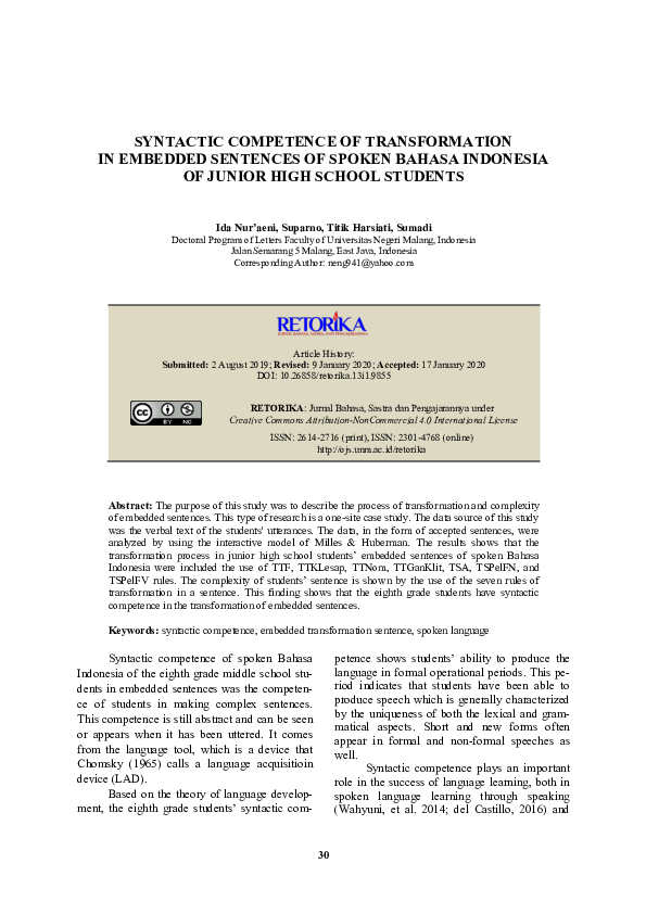 (PDF) Syntactic Competence of Transformation in Embedded Sentences of Spoken Bahasa Indonesia of ...