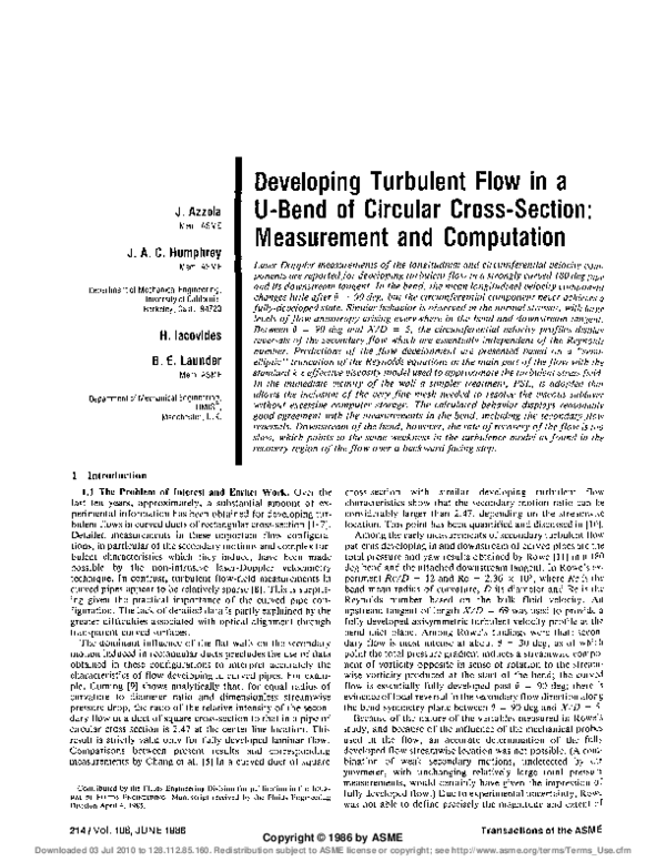 (PDF) Developing Turbulent Flow in a U-Bend of Circular Cross-Section: Measurement and Computation