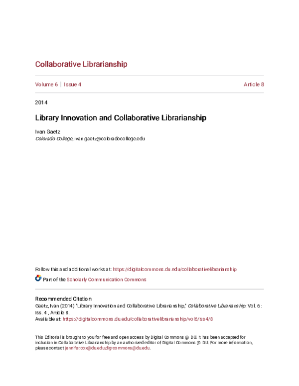 (PDF) Library Innovation and Collaborative Librarianship