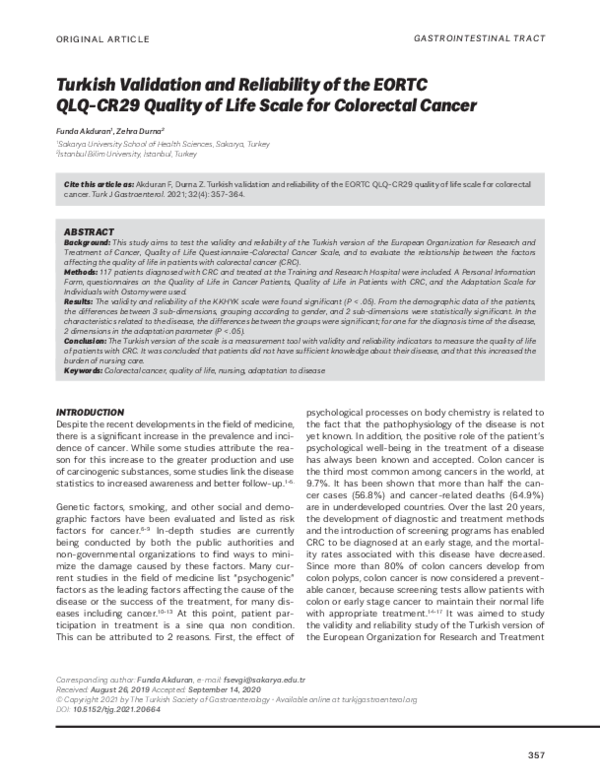(PDF) Turkish Validation and Reliability of the EORTC QLQ-CR29 Quality of Life Scale for ...