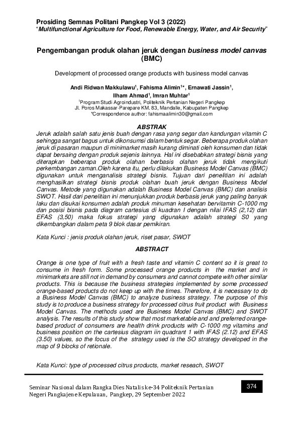 (PDF) Pengembangan produk olahan jeruk dengan Business Model Canvas (BMC)