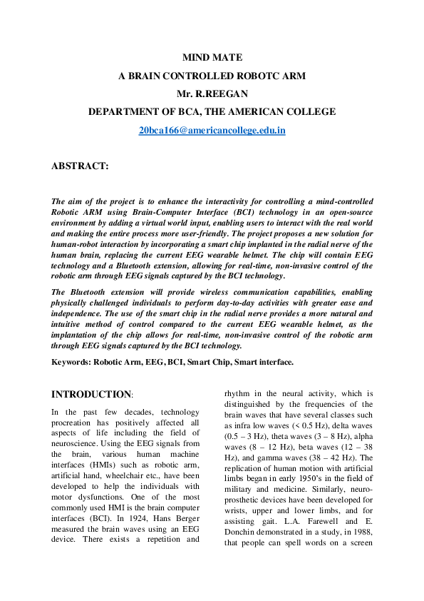(PDF) Mind Mate - A brain controlled Robotic ARM