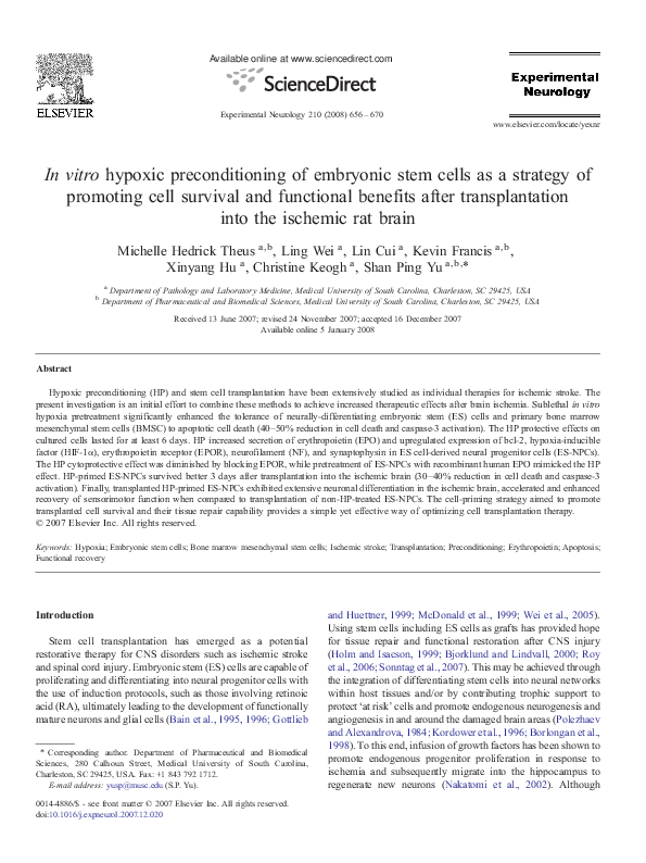 (PDF) In vitro hypoxic preconditioning of embryonic stem cells as a ...