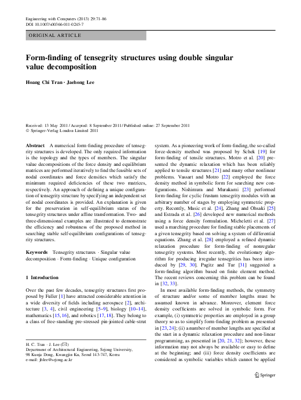 (PDF) Form-finding of tensegrity structures using double singular value decomposition | Hoang ...