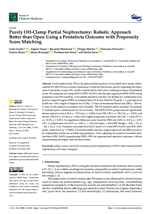 (PDF) Purely Off-Clamp Partial Nephrectomy: Robotic Approach Better than Open Using a Pentafecta ...