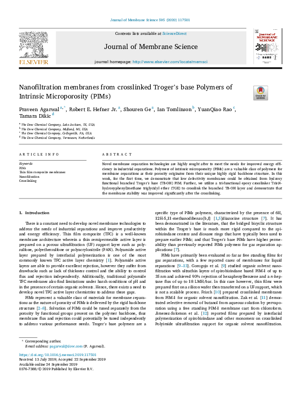 (PDF) Nanofiltration membranes from crosslinked Troger's base Polymers ...