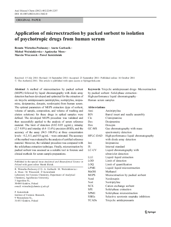 (PDF) Application of microextraction by packed sorbent to isolation of psychotropic drugs from ...