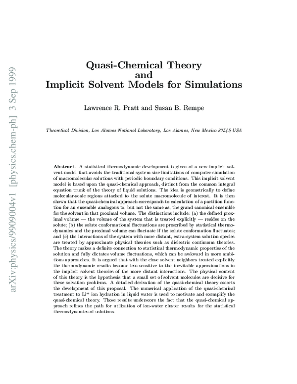 (PDF) Quasi-chemical theory and implicit solvent models for simulations