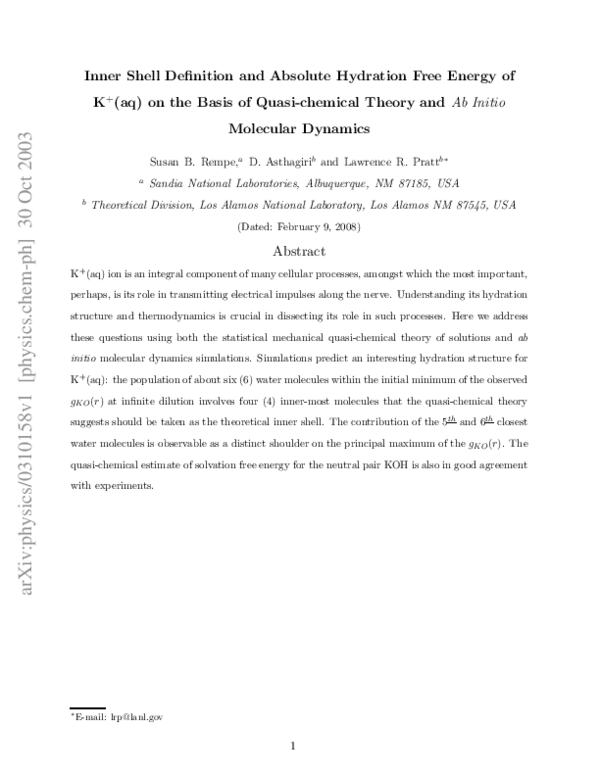 (PDF) Hydration Dynamics of K+(aq) via Quasi-Chemical Theory