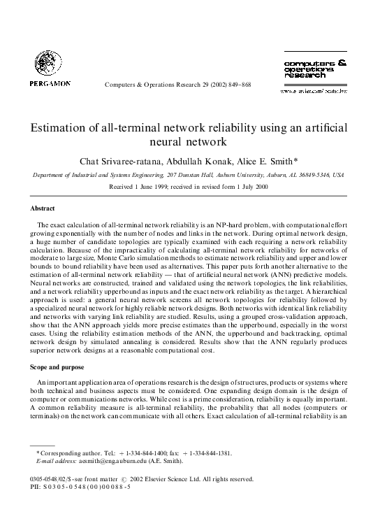 Pdf Estimation Of All Terminal Network Reliability Using An Artificial Neural Network