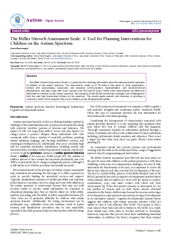 (PDF) The Miller Umwelt Assessment Scale: A Tool for Planning ...