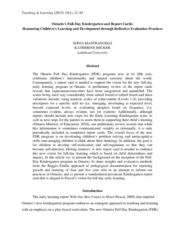 (PDF) Ontario’s Full-Day Kindergarten and Report Cards: Honouring ...