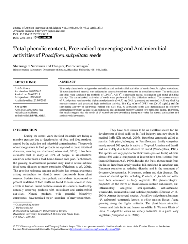 (PDF) Total phenolic content and free radical scavenging activities of methanolic extract ...