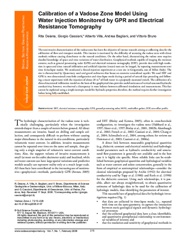 (PDF) Calibration of a vadose zone model using water injection monitored by GPR and electrical ...