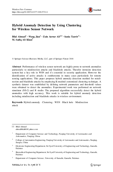 (PDF) Hybrid Anomaly Detection by Using Clustering for Wireless Sensor Network