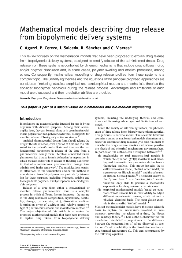 (PDF) Mathematical models describing drug release from biopolymeric delivery systems