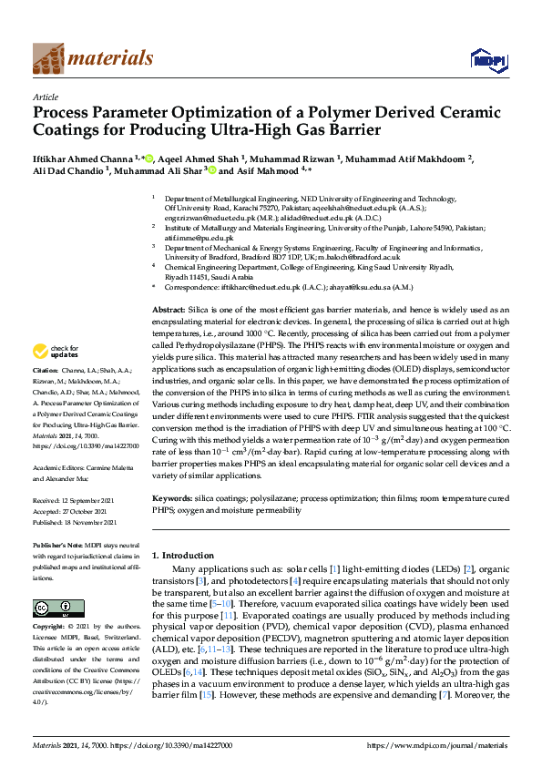 (PDF) Process Parameter Optimization of a Polymer Derived Ceramic Coatings for Producing Ultra ...