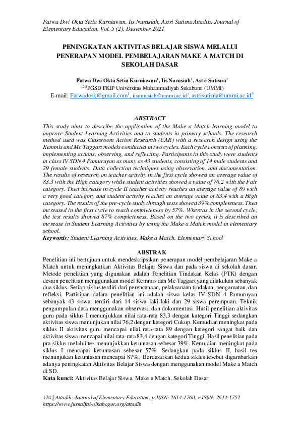 (PDF) Jurnal peningkatan aktivitas belajar siswa melalui penerapan model pembelajaran Make a ...