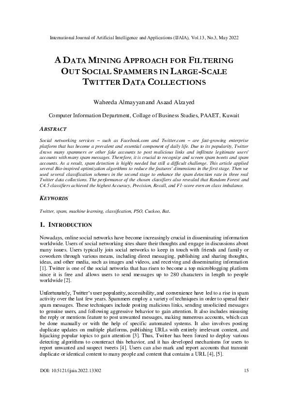 Pdf A Data Mining Approach For Filtering Out Social Spammers In Large Scale Twitter Data