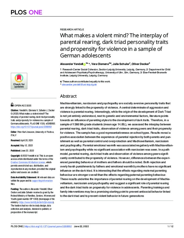 (PDF) What makes a violent mind? The interplay of parental rearing, dark triad personality ...