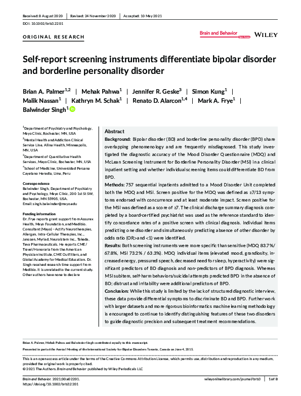 (PDF) Self‐report screening instruments differentiate bipolar disorder ...