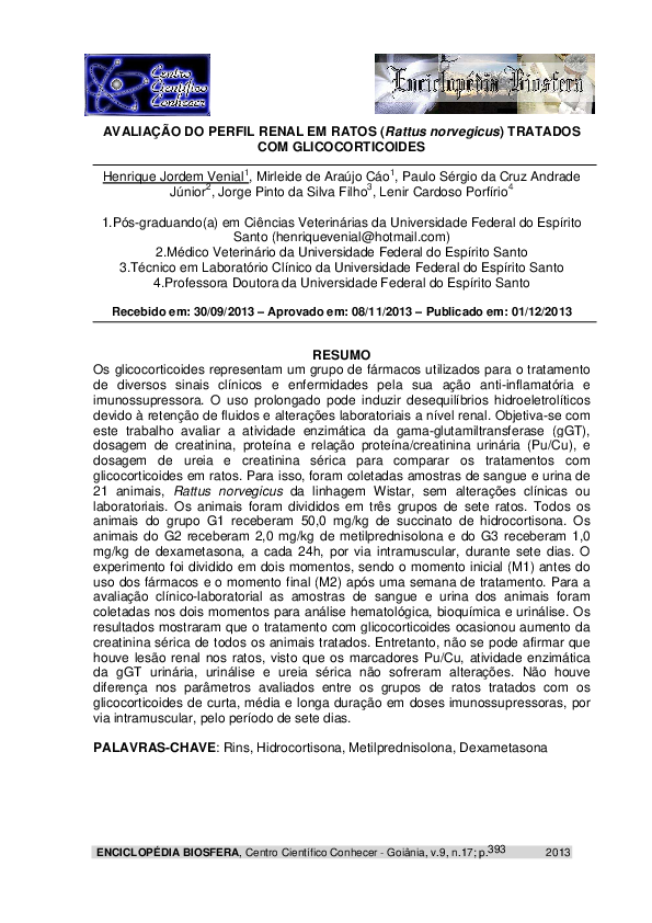 (PDF) Avaliação do perfil renal em ratos (Rattus norvegicus) tratados ...
