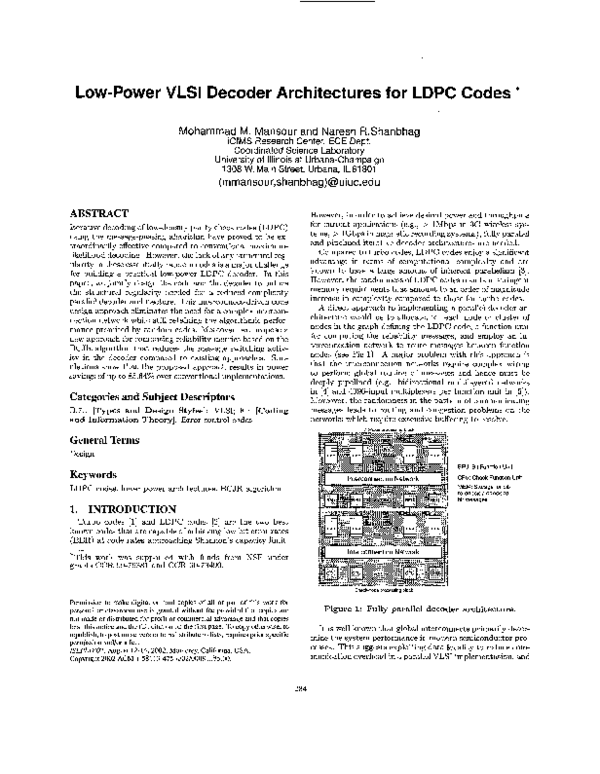 Pdf Low Power Vlsi Decoder Architectures For Ldpc Codes Mohammad M Mansour 