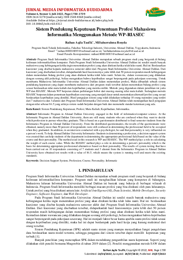 (PDF) Sistem Pendukung Keputusan Penentuan Profesi Mahasiswa ...