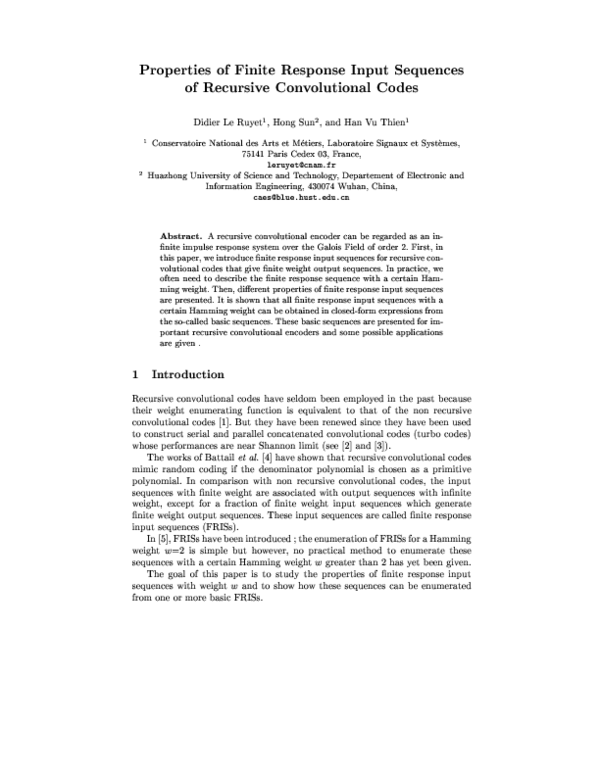 (PDF) Properties of Finite Response Input Sequences of Recursive Convolutional Codes