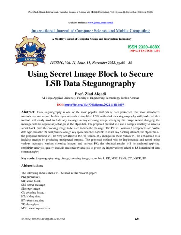 (PDF) Using Secret Image Block to Secure LSB Data Steganography