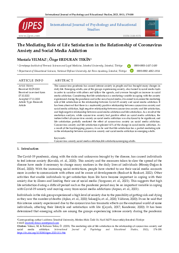 (PDF) The Mediating Role of Life Satisfaction in the Relationship of Coronavirus Anxiety and ...