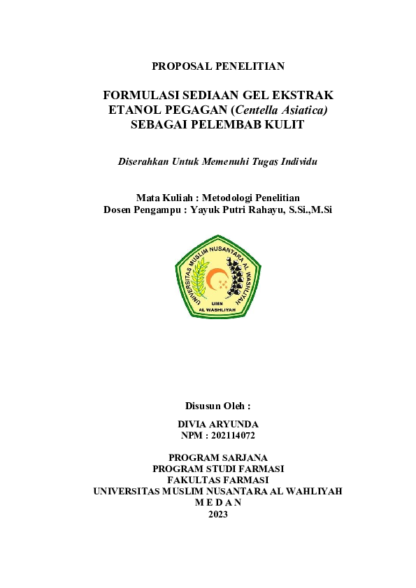 (DOC) FORMULASI SEDIAAN GEL EKSTRAK ETANOL PEGAGAN (Centella Asiatica) SEBAGAI PELEMBAB KULIT