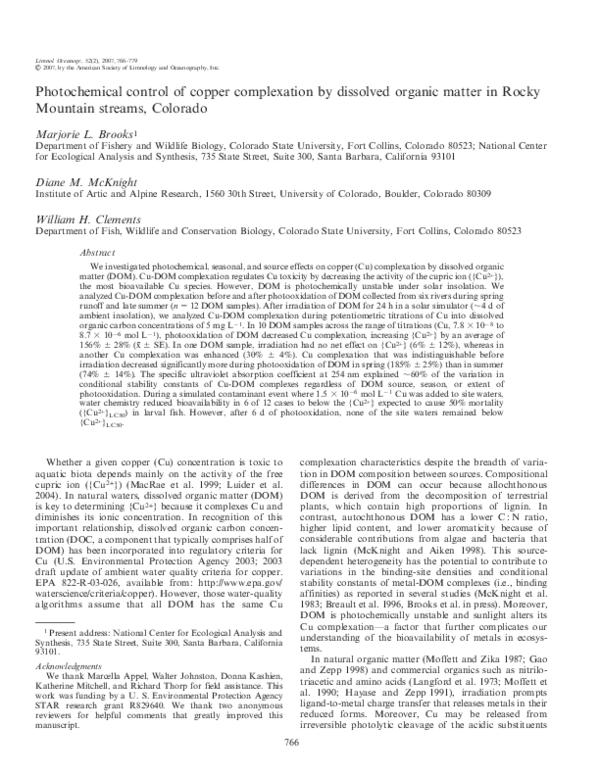 (PDF) Photochemical control of copper complexation by dissolved organic matter in Rocky Mountain ...