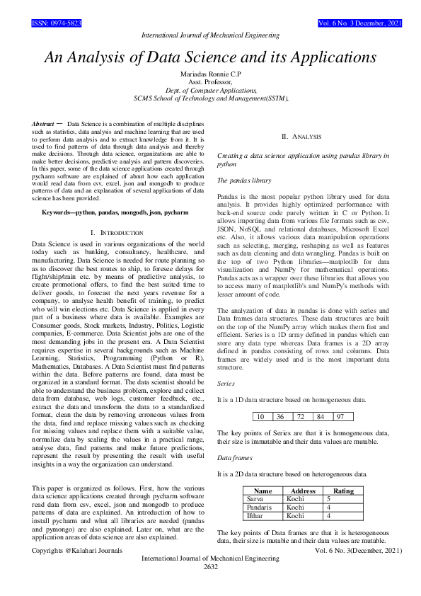 (PDF) An Analysis of Data Science and its Applications