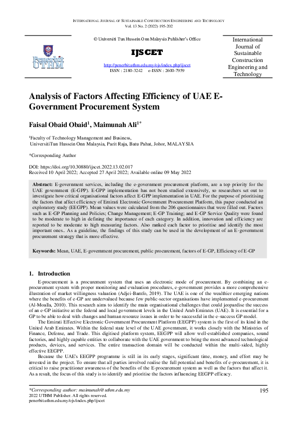 (PDF) Analysis of Factors Affecting Efficiency of UAE E-Government ...