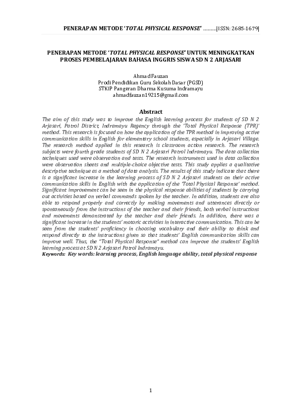 (PDF) Penerapan Metode ‘Total Physical Response’ Untuk Meningkatkan ...
