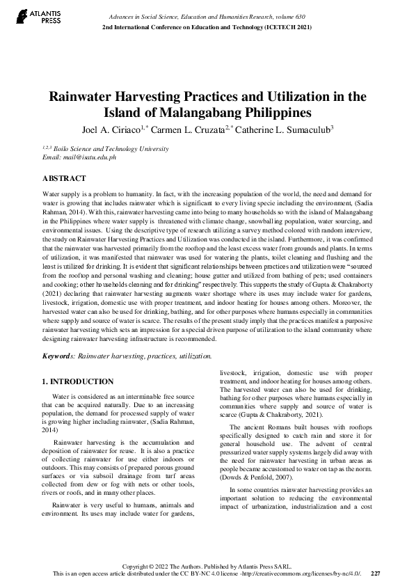 (PDF) Rainwater Harvesting Practices and Utilization in the Island of Malangabang Philippines