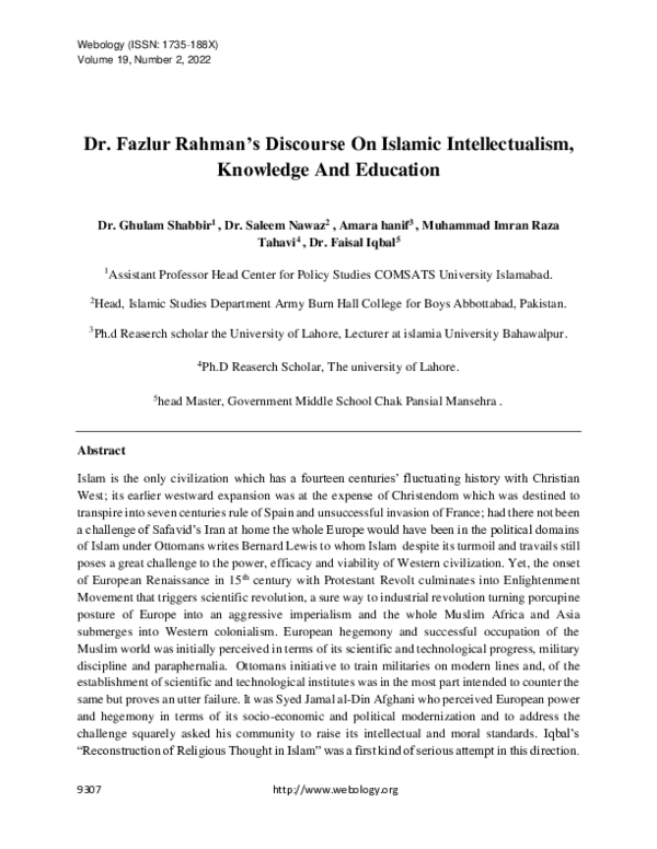 (PDF) Dr. Fazlur Rahman's Discourse On Islamic Intellectualism ...