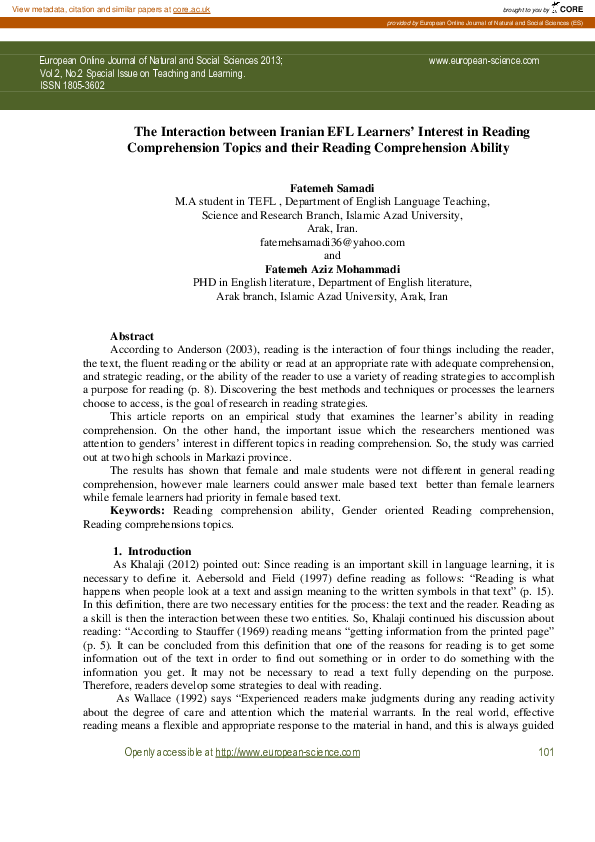 Pdf The Interaction Between Iranian Efl Learners Interest In Reading Comprehension Topics And