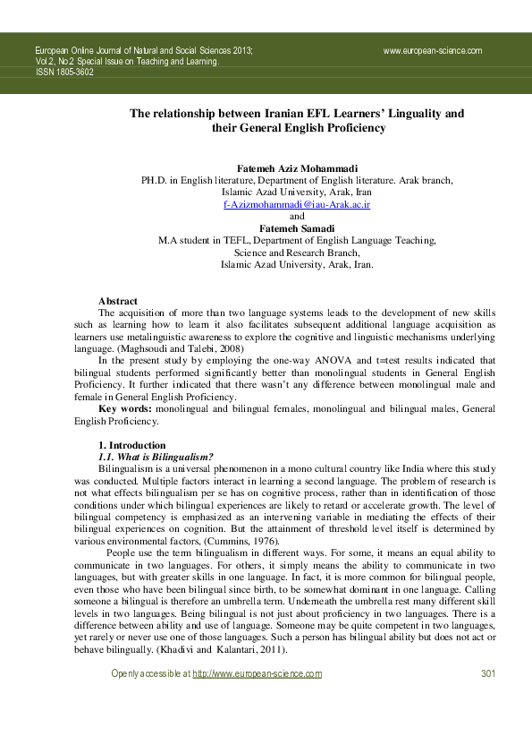 (PDF) The relationship between Iranian EFL Learners’ Linguality and their General English ...