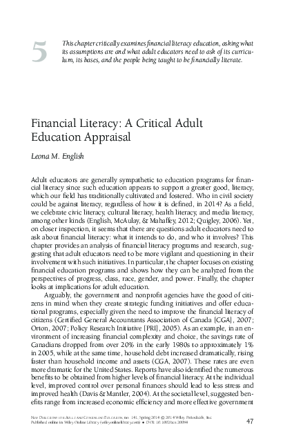 (PDF) Financial Literacy: A Critical Adult Education Appraisal