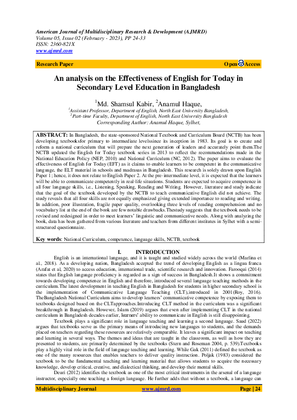 (PDF) An analysis on the Effectiveness of English for Today in Secondary Level Education in ...